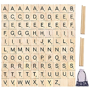 PINOWU 100pcs Wood Letter Tiles for Scrabble, Replacement for Scrabble Letters with Wood Racks and Cloth Gift Bag Craft Playing Alphabet Coasters and Wall Decoration