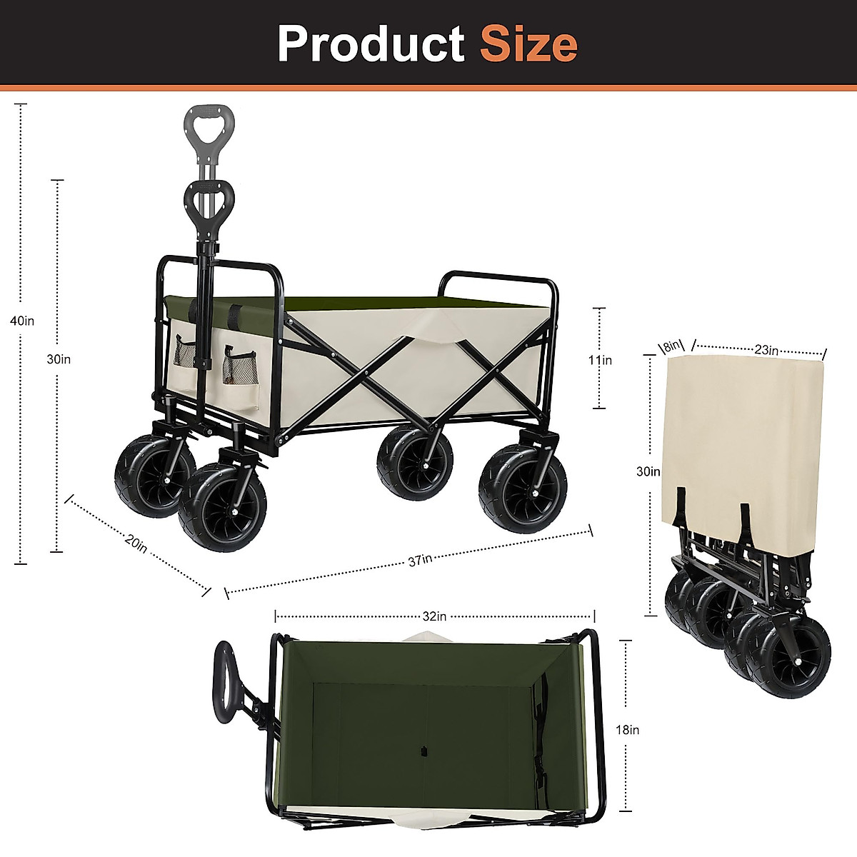 DOBEGARDEN Collapsible Folding Wagon Portable Utility Garden Cart Large Capacity Heavy Duty Grocery Wagon for Beach Camping Sport Fishing Outdoor with All Terrain Silent Wide Wheels and Cargo Net