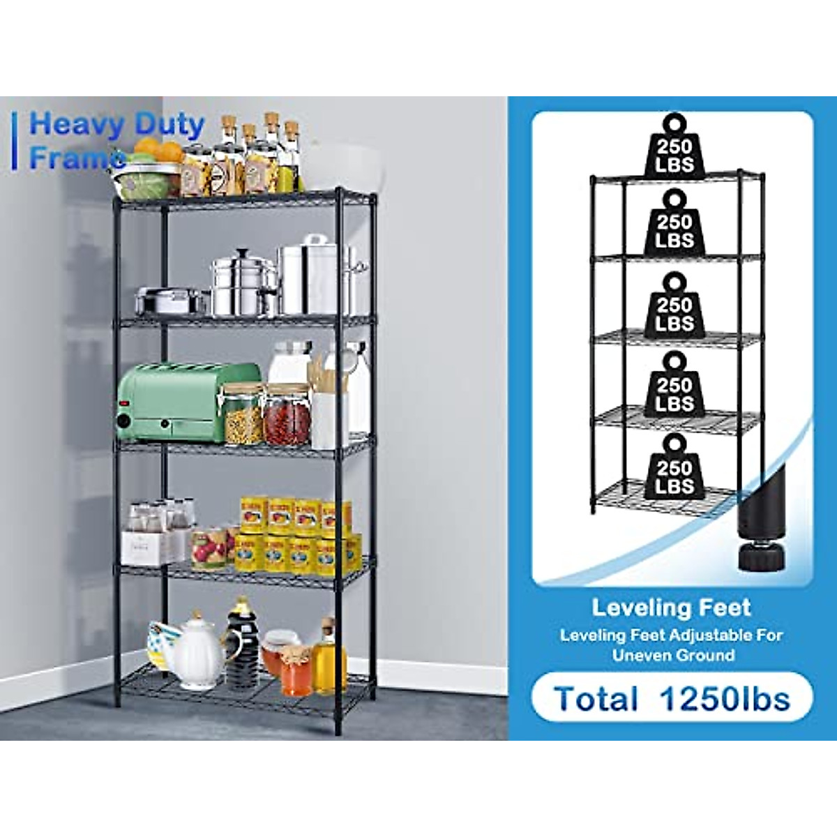 5-Tier Metal Wire Shelving Unit Kitchen Shelf Organizer Garage Storage Rack Utility Shelf Snack Shelf, NSF Certified Storage Shelves for Storage, Garage Shelving Kitchen Storage Shelf Pantry Shelves