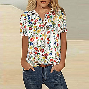 Women Casual Summer Fashion Top V Neck Print T Shirt Short Sleeves Tunic Shirt Loose Fit Short Sleeve Lace Party Blouse,Oversized T Shirts for Women Graphic Tee Y2K