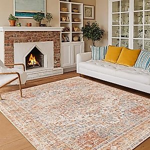 Kokia Washable Area Rugs Boho Thin Non Slip Stain Resistant Vintage Orange Floral Printed Carpet Oriental Foldable Distressed 4x6 Rug for Living Room Bedroom Kitchen Entrance Indoor House