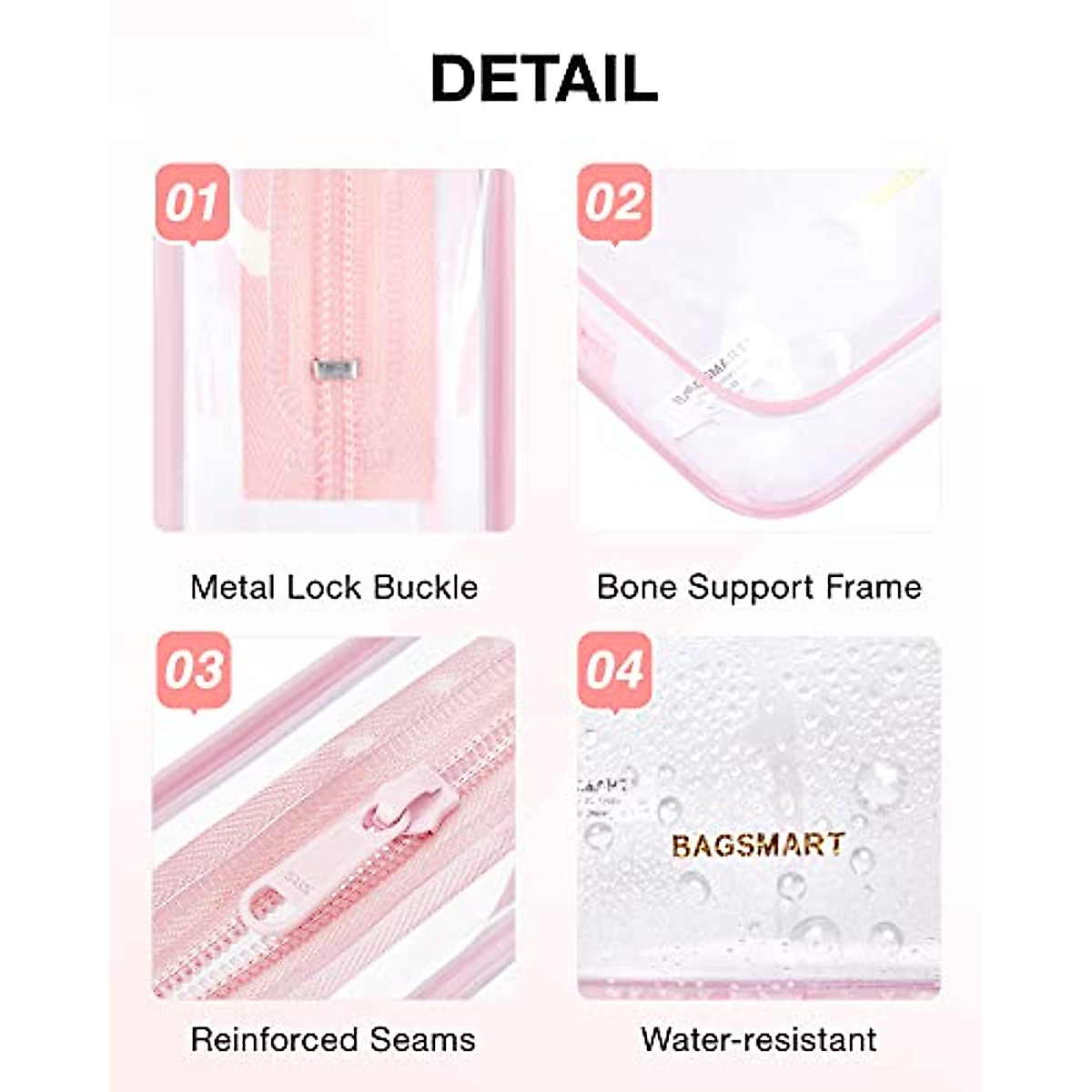 BAGSMART Clear Toiletry Bag, 3 Pack TSA Approved Travel Toiletry bag Carry on Travel Accessories Bag Airport Airline Quart Size Bags Water Repellent Makeup Cosmetic Bag for Women (Pink-3pcs)