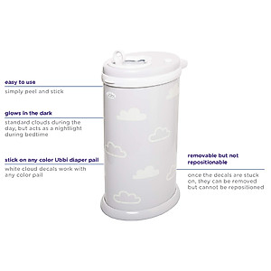 Ubbi Glow-in-The-Dark Cloud Peel and Stick Decal Stickers, Decorative Sticker for Diaper Pail or Baby Nursery