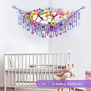 FIOBEE Stuffed Animals Hammock Net Toy Storage Organizer with LED Light, Stuffed Animals Storage Girls Room Décor Wall Hanging with Sequins for Kids Bedroom Nursery Playroom, Purple