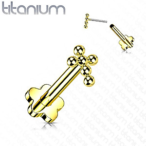 Dynamique Implant Grade Titanium Threadless Push In Flower Base Labret, Flat Back Stud With Ball Cross Top For Cartilage, Lip, Nose (Sold Per Piece)