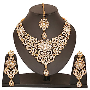 Touchstone Indian jewelry sets for women bollywood gold wedding bridal necklace desi earrings formal fancy rhinestone india designer jewellery punjabi white kundan tikka set in antique gold tone.