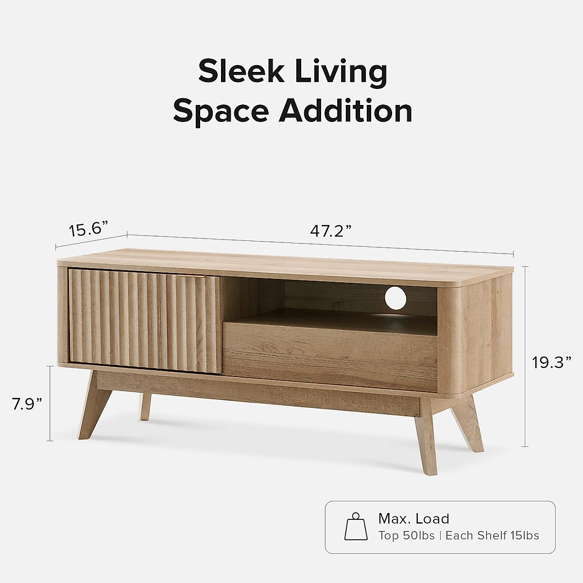 mopio Brooklyn Mid-Century Modern TV Stand, for TVs up to 50” / 59" Waveform Panel, Sleek Curved Profile with Adjustable Shelf and Sturdy Box Frame Leg (Golden Oak, 47")