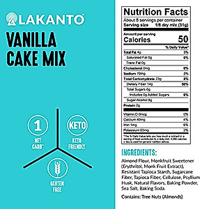 Lakanto Sugar Free Keto Cake Mix - Sweetened with Monk Fruit, Gluten Free, 1 Net Carb, Keto Diet Friendly, Delicious - Vanilla