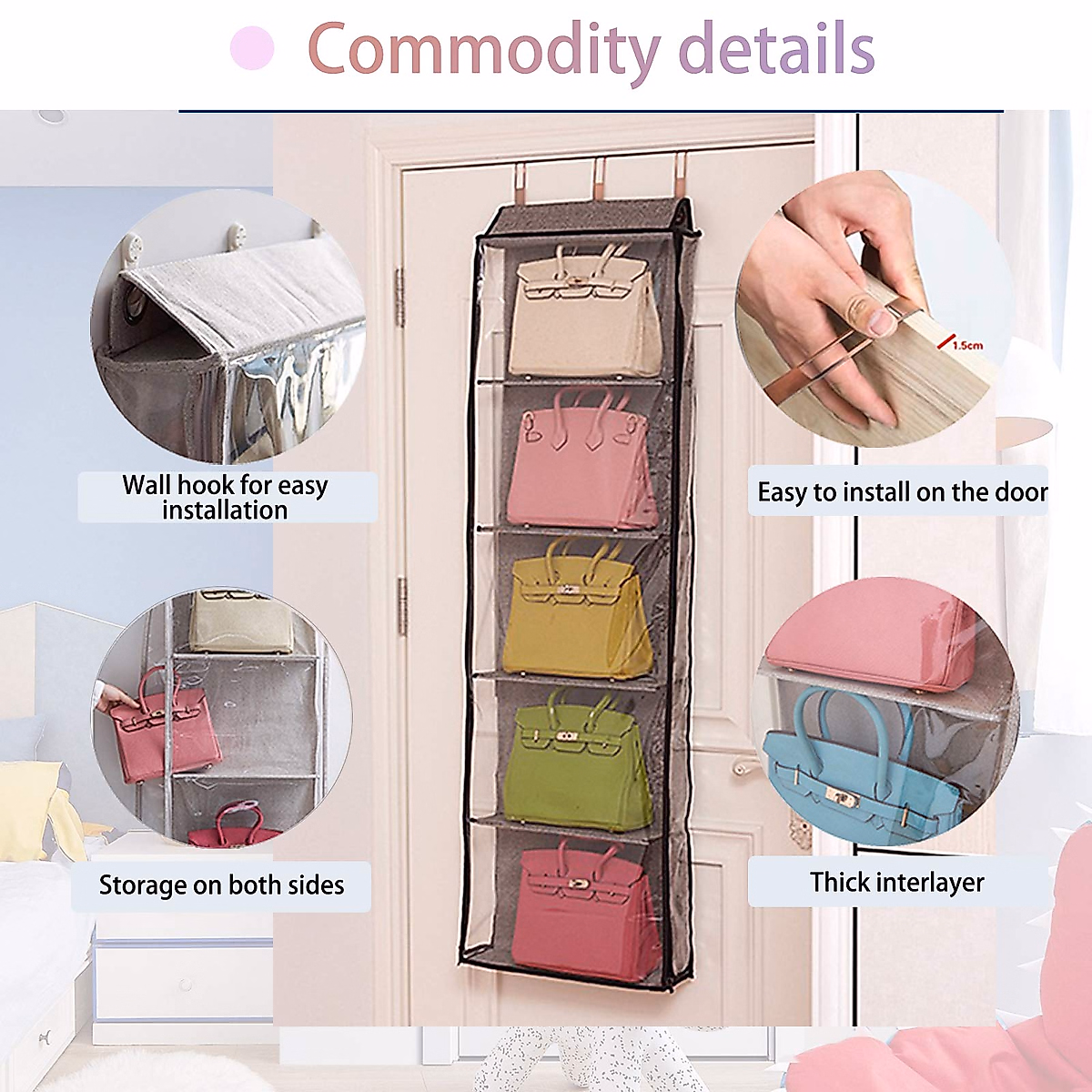 Handbag Organizer Storage Purse Bag Hanger with 4/5 Easy Access Deep Pockets Fully Sealed with Zipper dust-Proof for Closet Wall…(Gray, 4 Pockets)