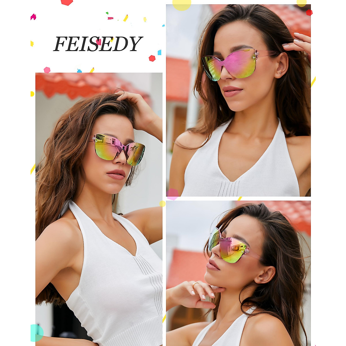 FEISEDY Cat Eye Sunglasses Polarized for Women Men，Rimless Mirrored Sunglasses, Oversized, Trendy Retro Sun Glasses B2796 Transparent Pink/Pink Mirror