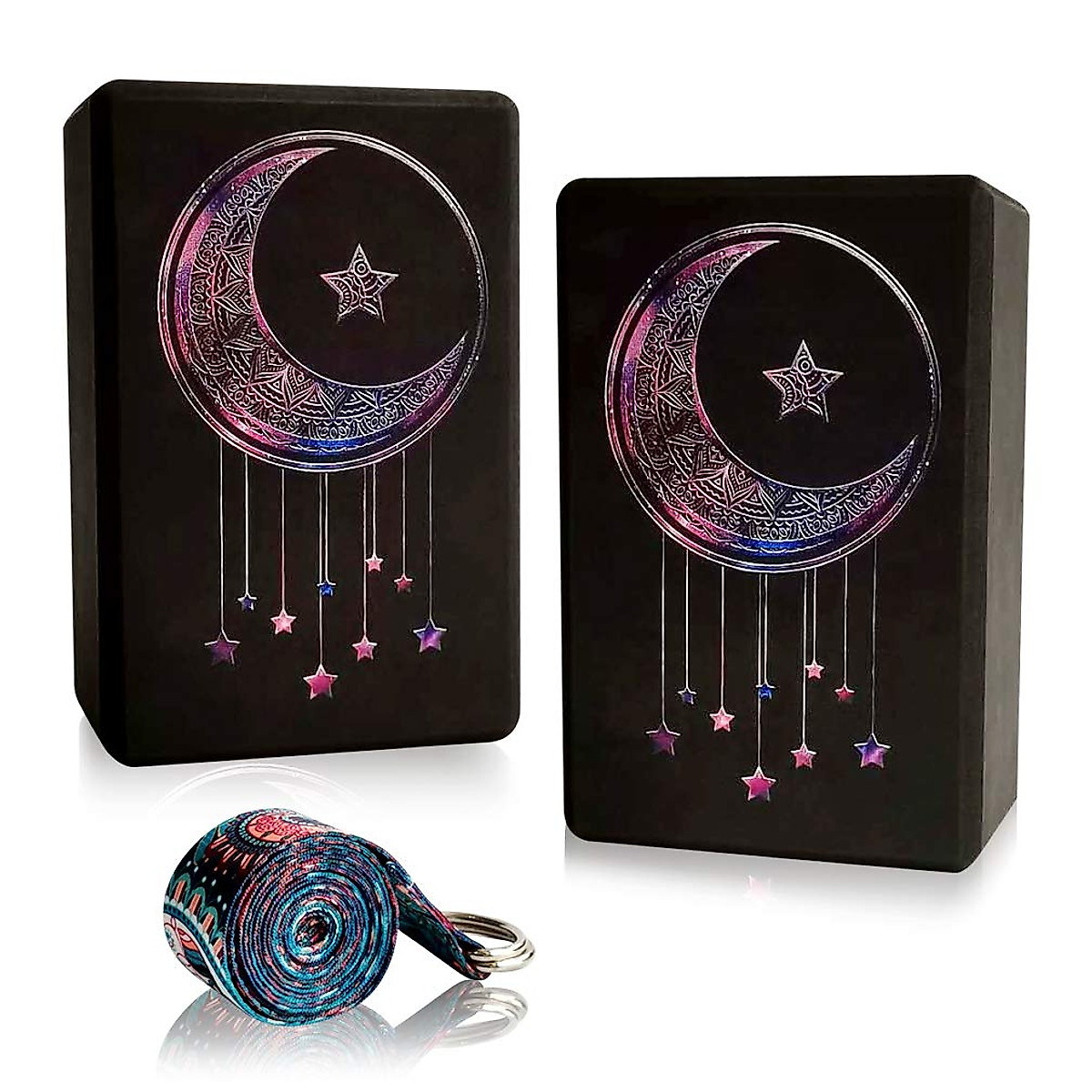 A AMEBAY Yoga Blocks 2 Pack with Strap High Density EVA Foam Exercise Blocks – Lightweight Versatile Fitness and Balance Odor Free Brick,9" x 6" x 4"