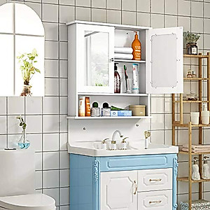 Tangkula Bathroom Cabinet Wall Mounted with Double Mirror Doors, Wood Hanging Cabinet with Doors and Shelves, Bathroom Wall Mirror Cabinet (White)