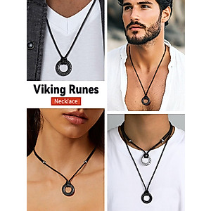 Viking Runes Necklace with Leather Neck Chains Black Stainless Steel Nordic Mythology Rune Charms
