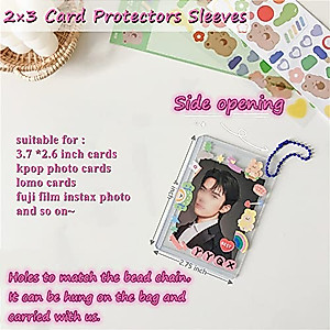 toovro 52 PCS Photo Card Holders for Kpop DIY Suit Penny Sleeves 10 Card Protectors Hard Plastic Holographic Sleeves with Chains 22 Korean Stickers Ribbon Heart Letter Charm Rose Devil Horn Stickers