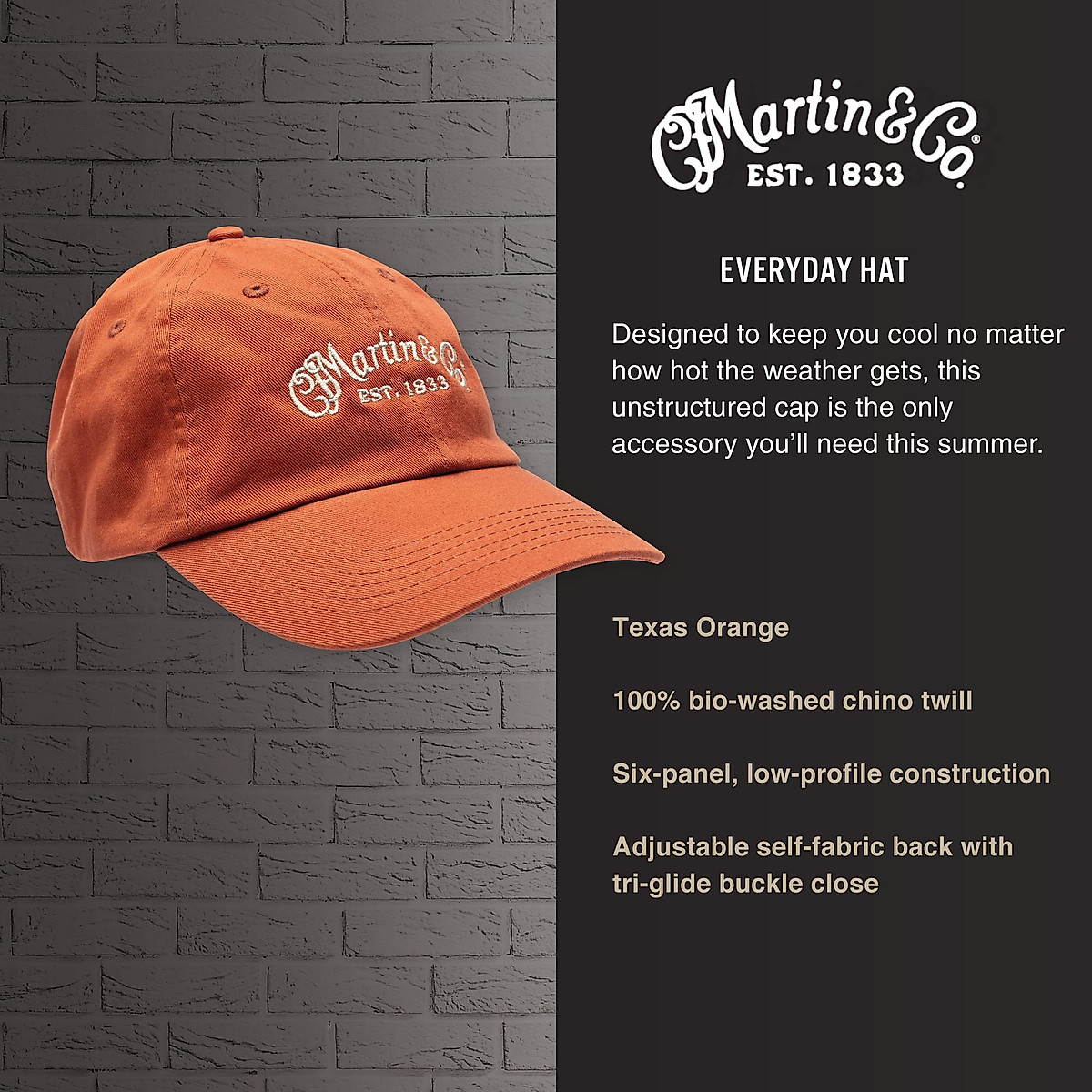 MARTIN Guitar Everyday Hat, Texas-Orange Cap, Adjustable Unisex Baseball Hat for Men and Women