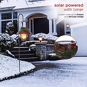 Alpine Corporation Metal Lantern with Shepherd's Hook and Solar Warm White LED Lights, Red