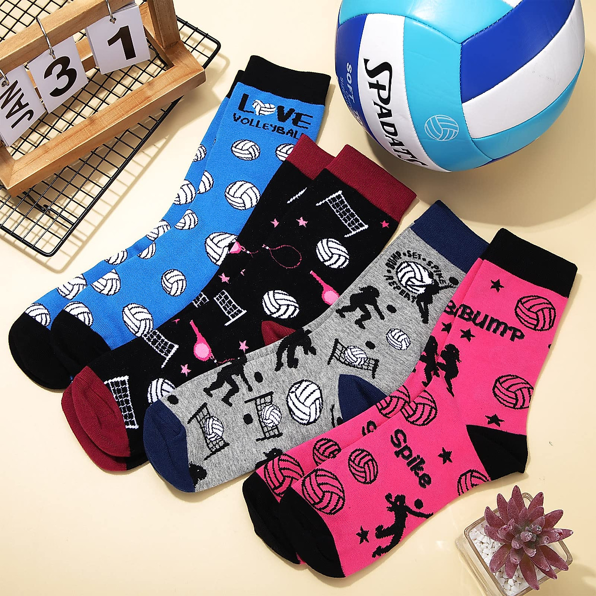 Vicenpal 4 Pairs Volleyball Socks Women Novelty Funny Pink Volleyball Crew Socks Sports Gifts for Women Men Sports Lovers Players Athletes Coach Running Athletic