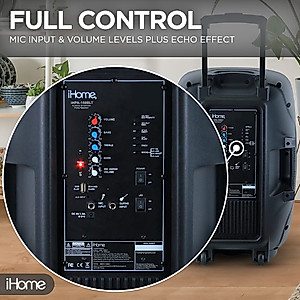 iHome iHPA-1500-LT Bluetooth Wireless Portable Rechargeable Home Party LED Light 15" Inch Woofer 200W Watts Karaoke Machine Rolling PA Tailgate Karaoke Speakers System Microphone on Wheels