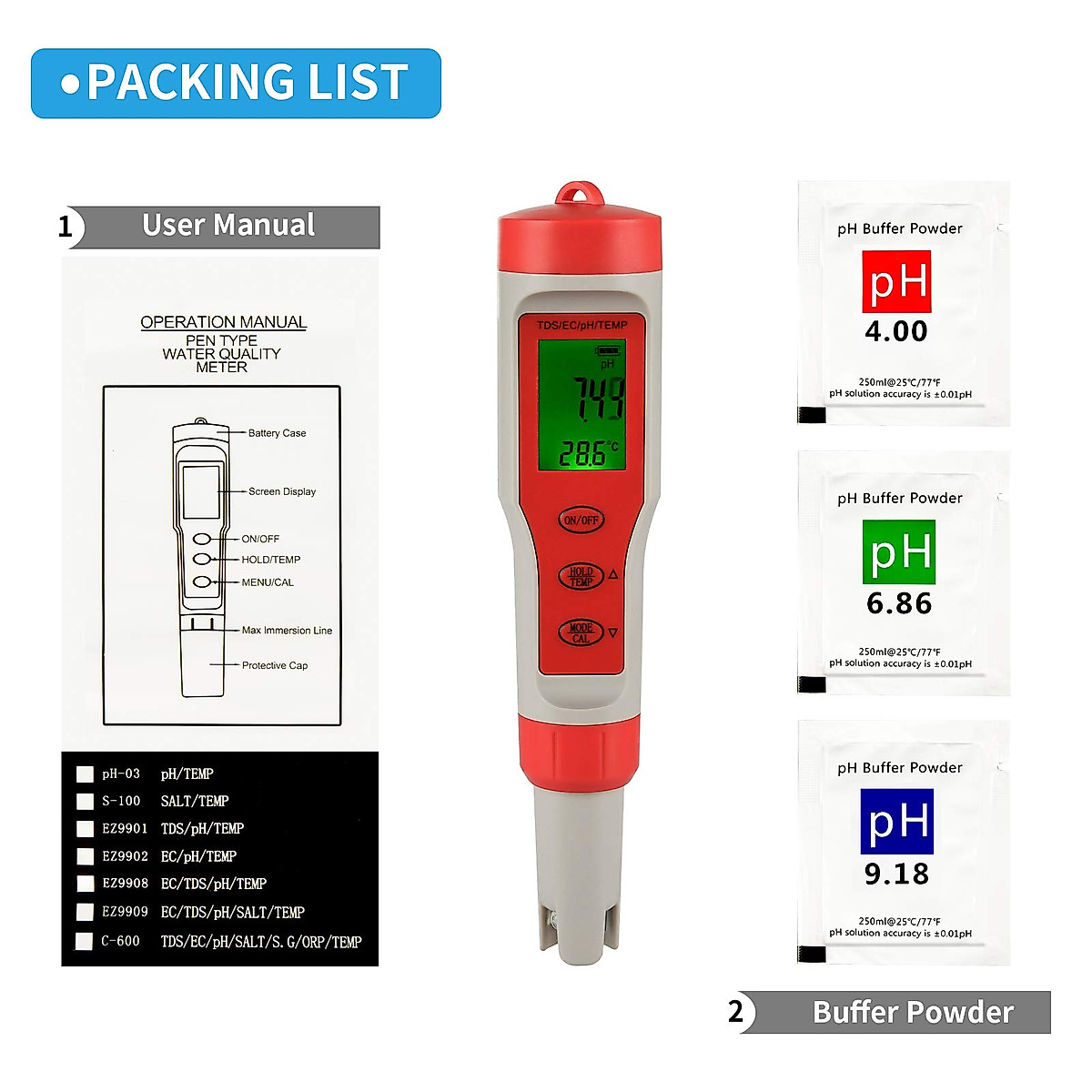 iPower pH Meter Digital Water Lab TDS Tester with EC/Temp Function 4-in-1 ±0.1 High Accuracy for Drinking Water, Pool, Aquarium, Pond, Beer Brewing
