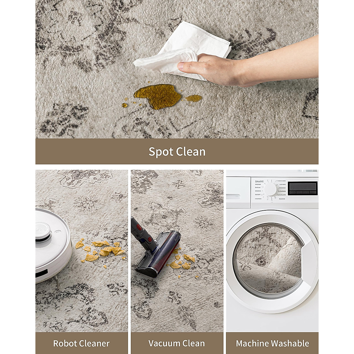 Disolla Washable Moroccan Area Rug 8x10ft for Living Room Bedroom Large Soft Indoor Decor Carpet Non Slip Distressed Neutral Low Pile Floor Rugs for Dining Room Office, Beige & Gray