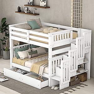 Harper & Bright Designs Full Over Full Bunk Bed with Stairs, Wooden Bunk Bed with Storage Drawers, for Kids Teens Adults - White