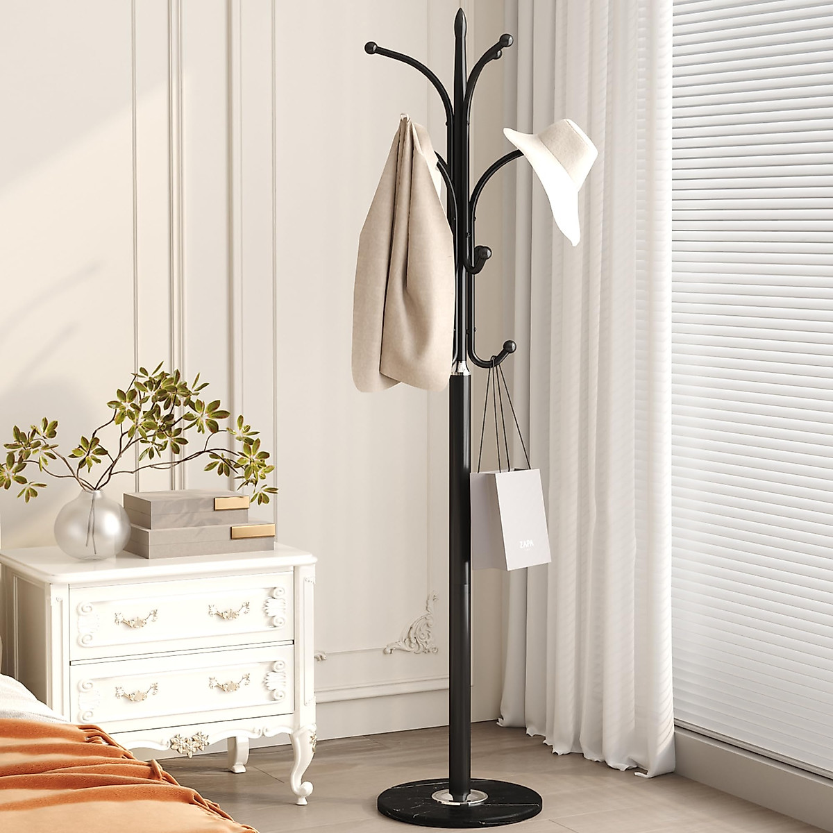 HOMEFORT Metal Coat Rack Stand,Free Standing Hat Hanger with Marble Base,Hall Tree with 12 Hooks for Hanging Hat,Clothes,Bag,Entryway Storage Organizer,Black