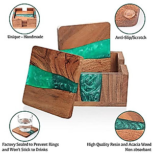 Wood and Resin Coasters Set of 4 with Holder for Wooden Table, Handmade Acacia Wood and Epoxy Resin Coaster Set, Protect Tables, Non-Absorbent and Easy to Clean, for Home, Office, or Bar