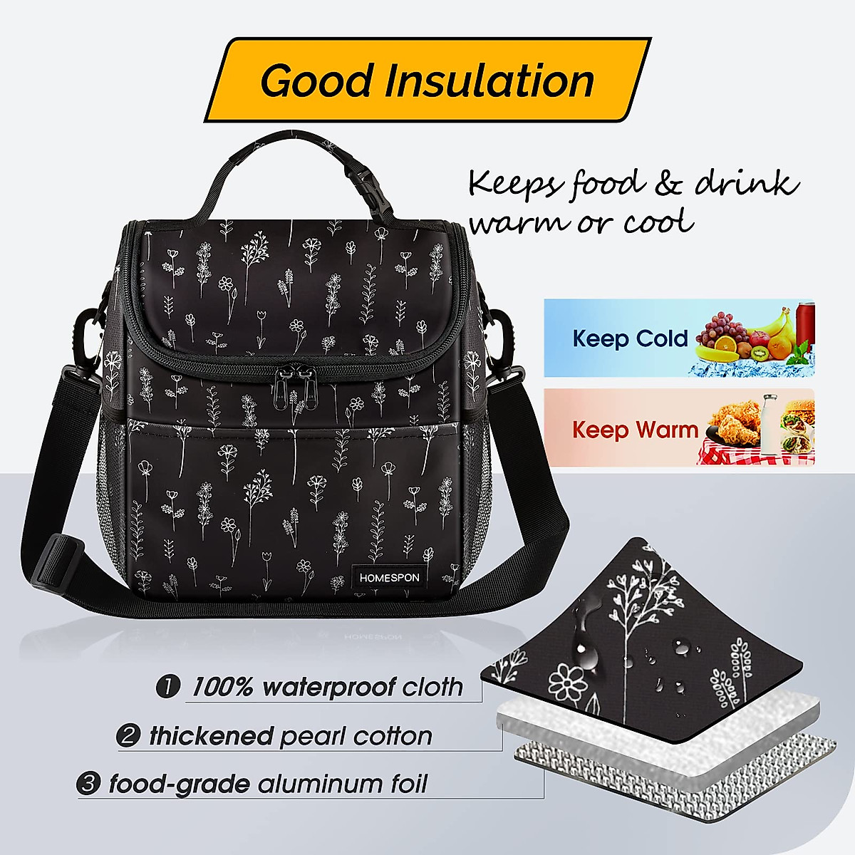 HOMESPON Lunch Bag for Women Large Insulated Lunch Box Reusable Cooler Tote with Front Pocket and Adjustable Shoulder Strap for Work Picnic or Travel