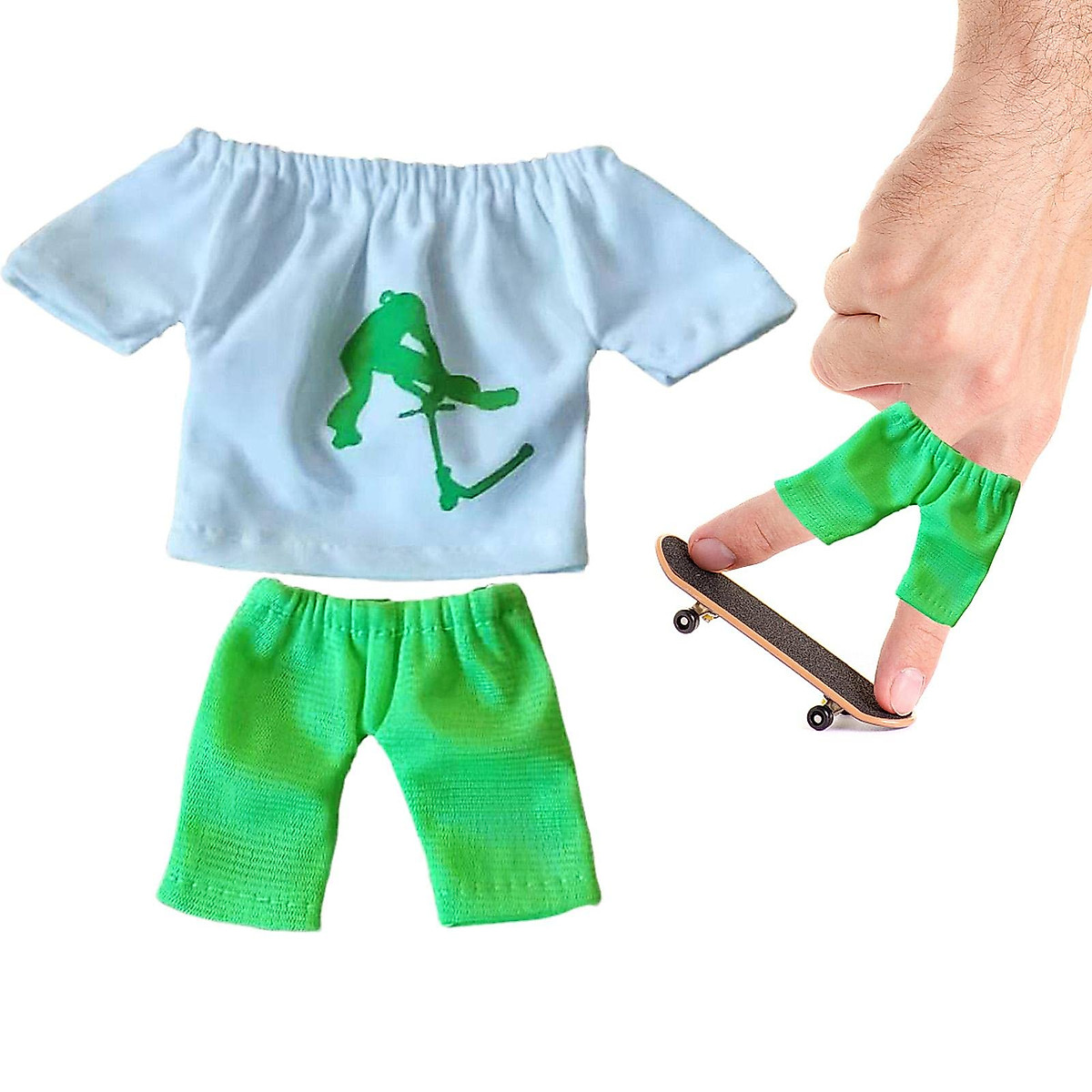 Chenfly Mini Finger Clothes for Fingerboarding - Mini Fingertip Movement Party Favors Interactive Toys for Kids Children Boys Girls - Pants T-Shirt Set for Scooter Skateboards Accessories, Green