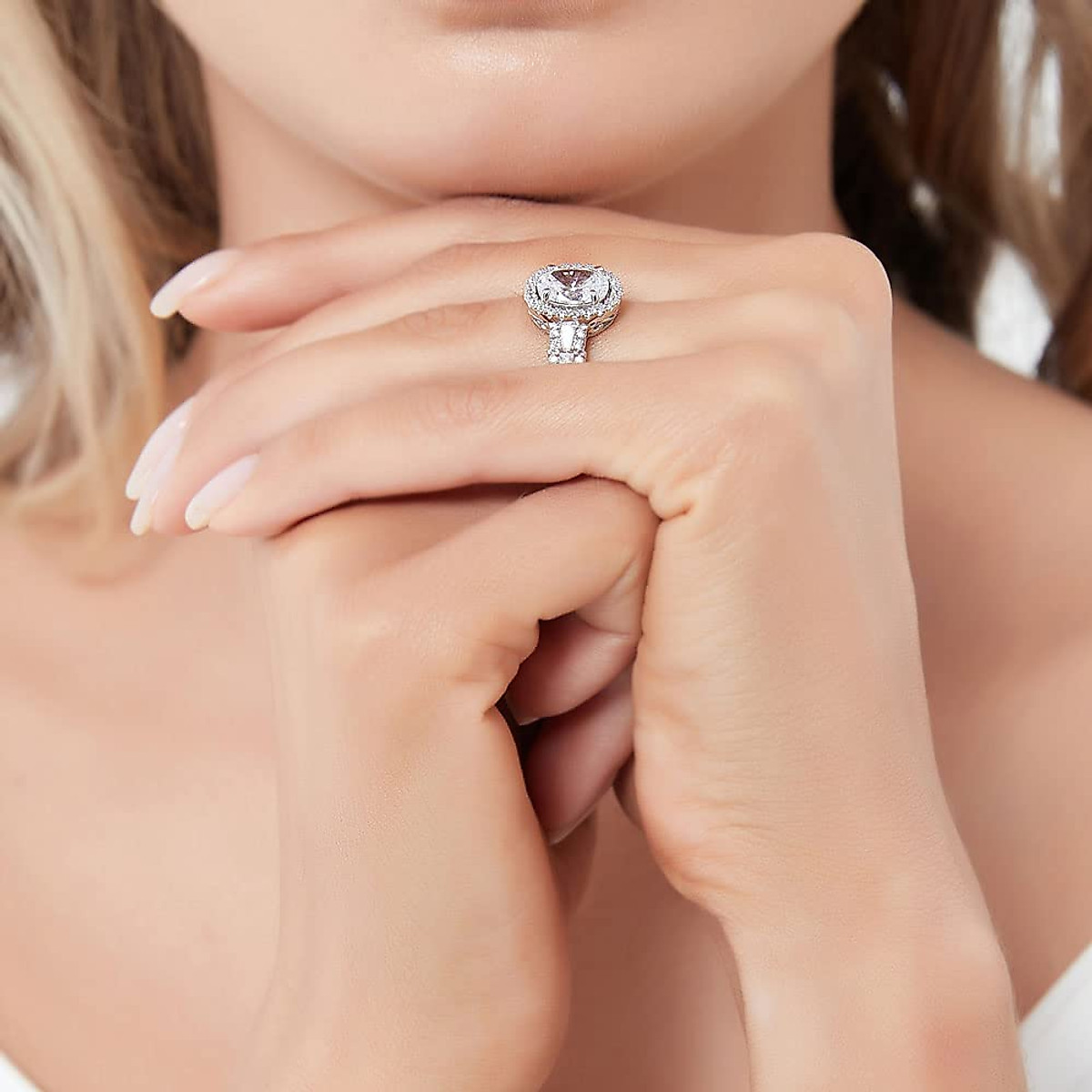 BERRICLE Sterling Silver Halo Wedding Engagement Rings Oval Cut Cubic Zirconia CZ Statement Art Deco Ring for Women, Rhodium Plated Size 6