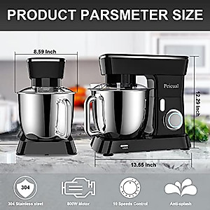 Upgraded Household Stand Mixer for Peicual 800W 10+P Speed High-Performance Tilt-Head Electric Kitchen Mixer 5.5Qt Stainless Steel Bowl with Dough Hook Flat Beater Wire Whisk & Splash Guard - Black