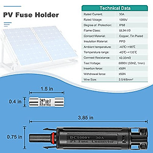 PRECIHW 30A PV Fuse Connector, Solar Fuse Holder, in-Line Solar Fuse Connector, IP68 Waterproof 1000V Male and Female Solar Fuse Connector, 30 Amp Fuse for Solar System
