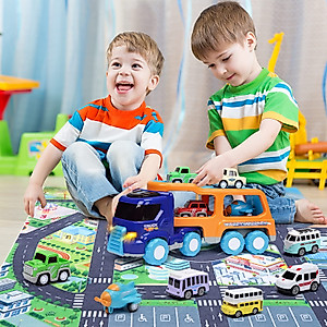 ToyBay 14PCS Toy Trucks Car for 2 3 4 5 Year Old Toddlers Boys Girls, Carrier Truck Transport Vehicles Toys, Car Trucks Toys with Light, Music & Play Mat, Kids Toy Cars Birthday Gifts, Multi-Color