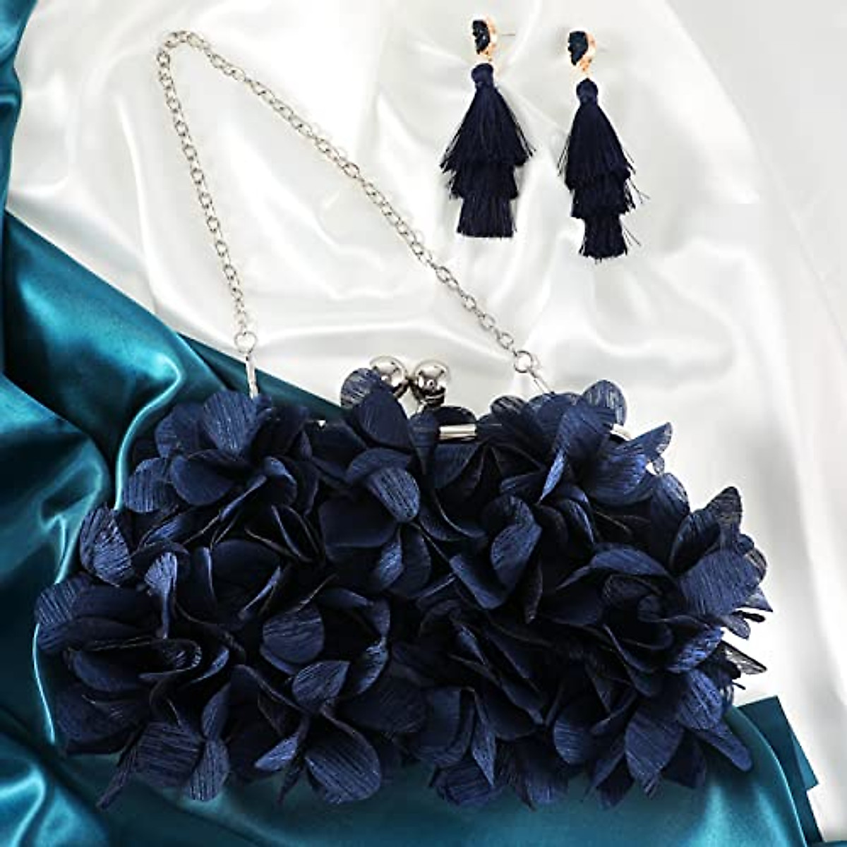 Clutch Evening Bags Satin Floral Appliques Clutch Purses Bohemian Tiered Earring for Women Prom Layered Tassel Earrings (Navy Blue)