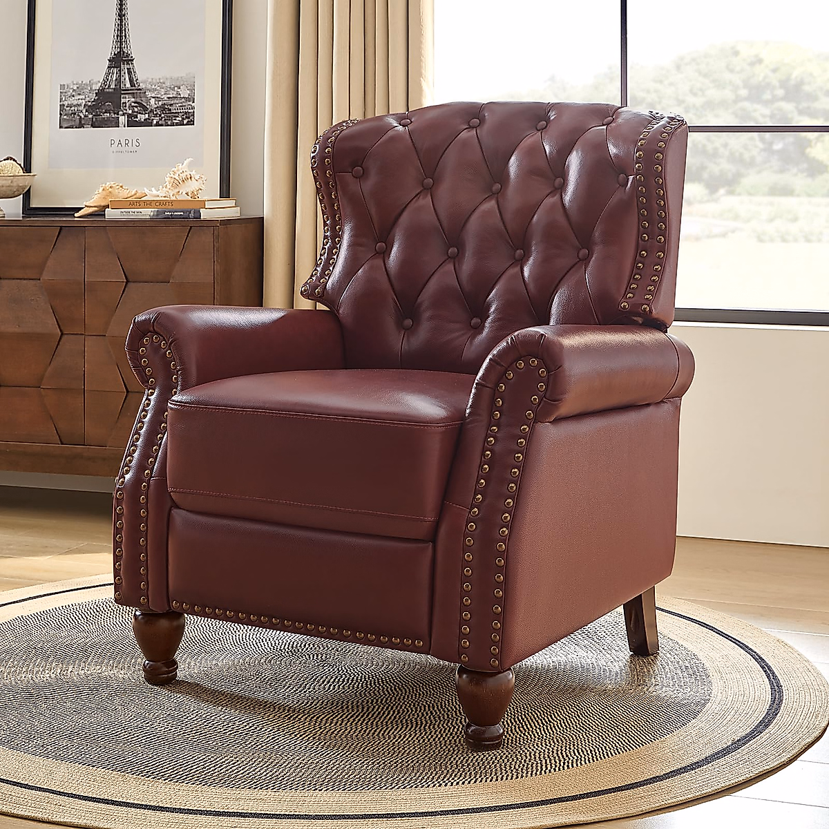 HULALA HOME Genuine Leather Recliner Chair with Solid Wood Feet, Modern Adjustable Tufted Push Back Arm Chair w/Rivet Decoration, Home Theater Seating Single Reclining Sofa for Living Room, BURGUNDY