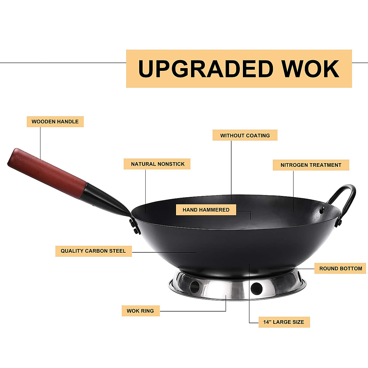 XEEYAYA Carbon Steel Wok Pan with Ring, Chinese Woks and Stir Fry Pans, 14" Large Hand Hammered Traditional Round Bottom Wok