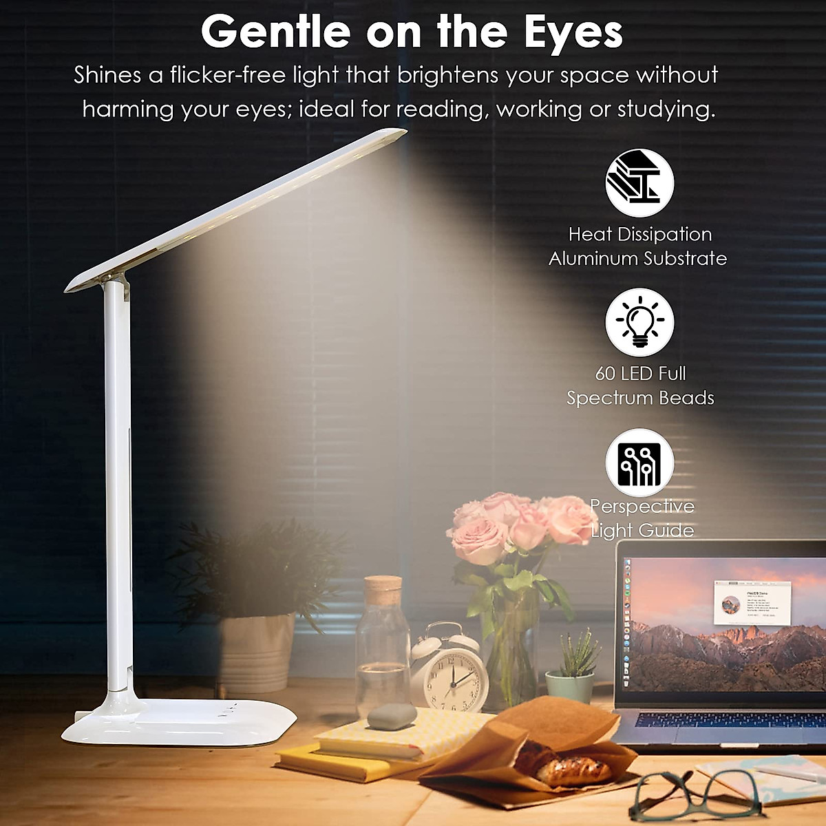 RensanR LED Desk Lamp, Desk Light with USB Charging Port, 3 Color Modes, 5 Brightness Level, Dimmable Table Lamp Reading Lamp, Sensitive Control,Eye-Caring Office Lamp