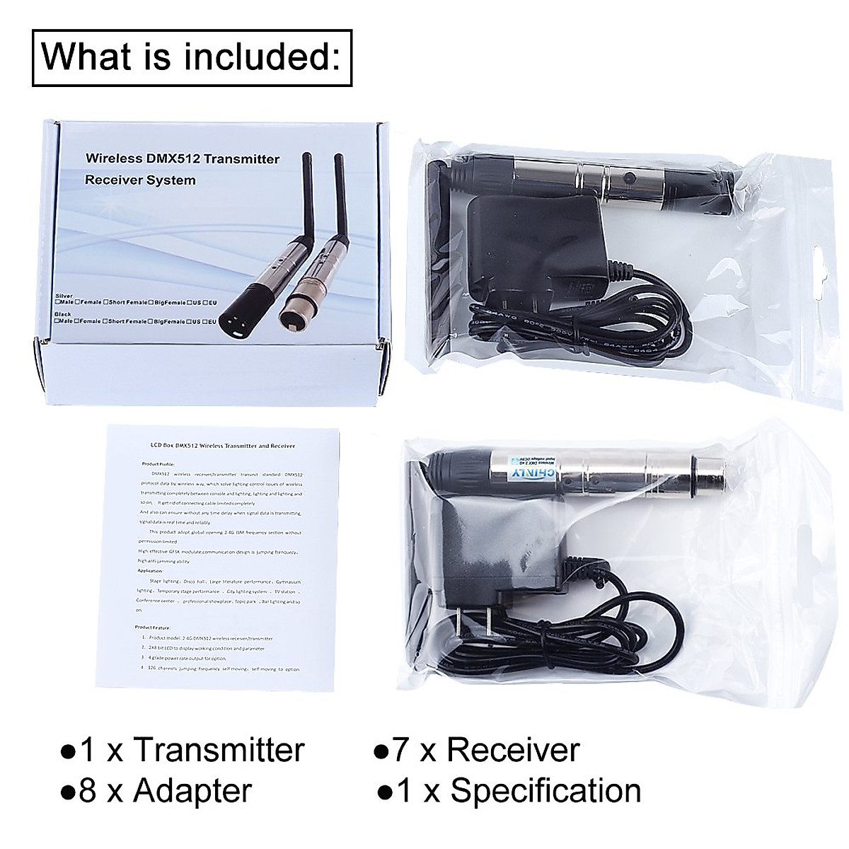 CHINLY 8pcs 2.4G DMX512 Wireless 1 Male Transmitter & 7 Female Receivers Control for Stage PAR Party Light