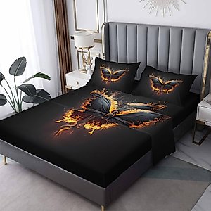 Moth Sheets Split King Size, Flame Bed Sheets, Patterned Bedding Sheets & Pillowcases 5 Piece Set - Soft Microfiber Deep Pocket 2 Fitted Sheet & Flat Sheet & 2 Pillow Cases B3-&-51