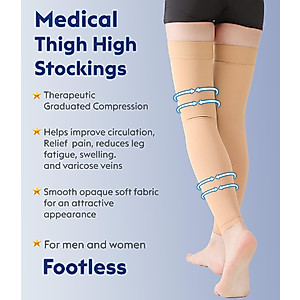 KEKING® Thigh High Compression Stockings Footless, Unisex, 15-20mmHg Leg Support Compression Sleeves with Anti-Slip Silicone Band, Opaque, Treatment Swelling, Varicose Veins, Edema,DVT, Beige XX-Large