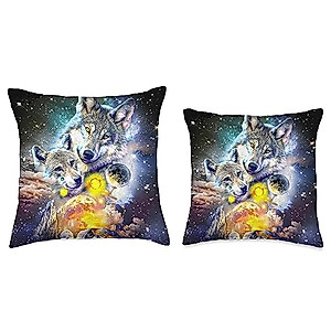 Random Galaxy Cosmic Space Wolf, Wolves Family Howling, Night-time Reunion Throw Pillow, 16x16, Multicolor