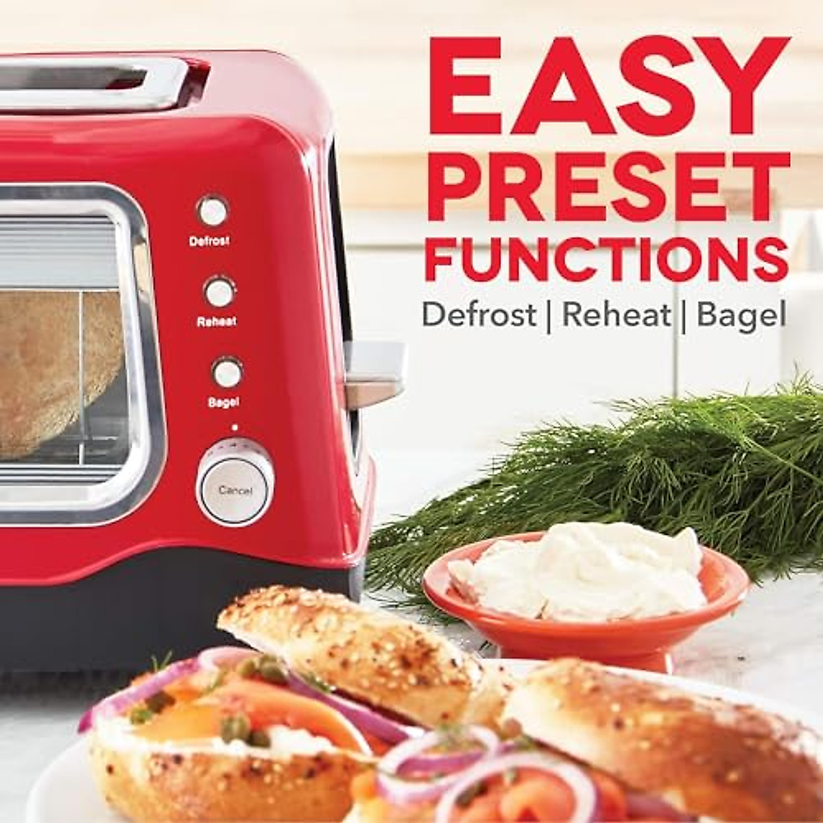 DASH Clear View Toaster - Compact Design with 7 Browning Levels & Clear-View Window, Extra-Wide Slot Large Toaster, 1-Touch Defrost, Reheat & Bagel Functions - Easy Clean Up Crumb Tray (Red)