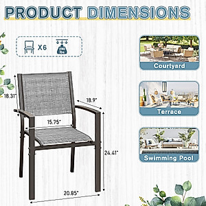 Rankok Patio Dining Chairs Set of 6 Stackable Outdoor Chairs with Armrest 290 Lbs Outdoor Textilene Dining Chairs for Backyard, Lawn, Garden, Poolside (Grey)