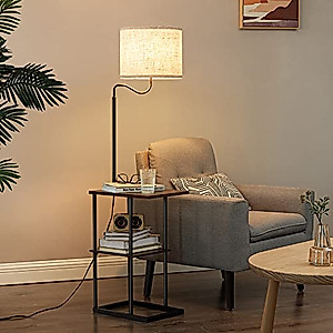 EDISHINE Floor Lamp with Table, Modern Side Table with Built-in Lamp, Reading Shelf Floor Lamp with Linen Shade, Narrow Nightstand with Shelves for Living Room, Bedroom, Office, Den