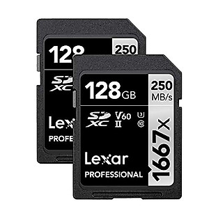 Lexar Professional 1667x 128GB (2-Pack) SDXC UHS-II Memory Cards, C10, U3, V60, Full-HD & 4K Video, Up To 250MB/s Read, for Professional Photographer, Videographer, Enthusiast (LSD128CBNA16672)