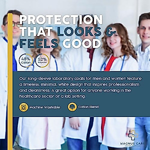 Magnus Care Professional Lab Coat for Women & Men, White Unisex Labcoat, Cotton Poly Medical Doctor Nurse Med Laboratory Coat