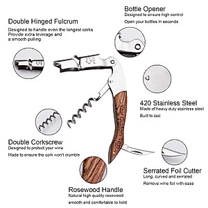 Personalized Custom Engraved Waiters Corkscrew - 3 in 1 Wine Opener with Rosewood Pull Tap Handle Bottle Opener and Serrated Foil Cutter(No Holster)