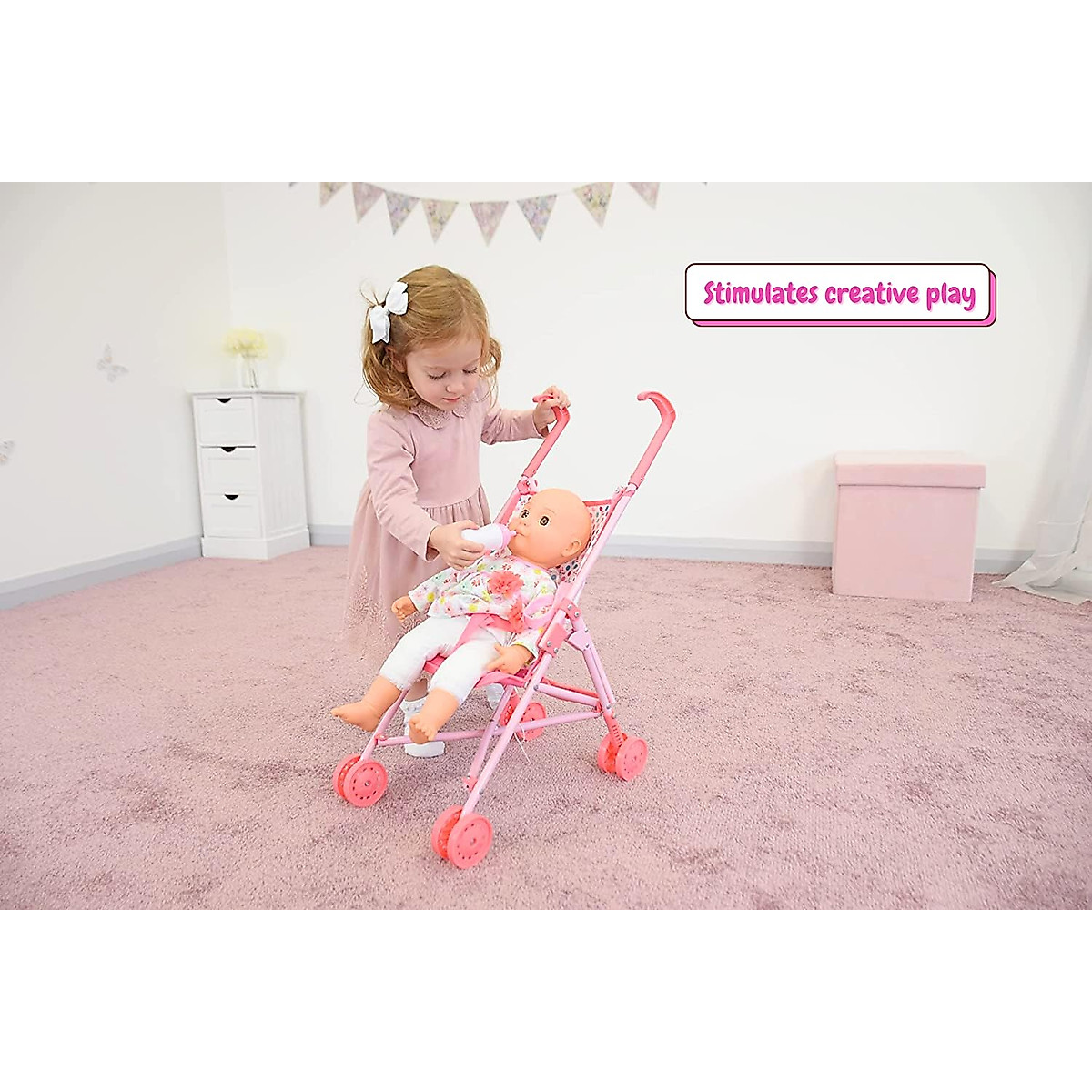 KOOKAMUNGA KIDS Baby Doll Stroller – Umbrella Stroller for Dolls - Foldable & Lightweight Baby Stroller for Dolls - Play Stroller w/ Sturdy Steel Frame - Ideal for Baby Dolls up to 18" - Pink Unicorn