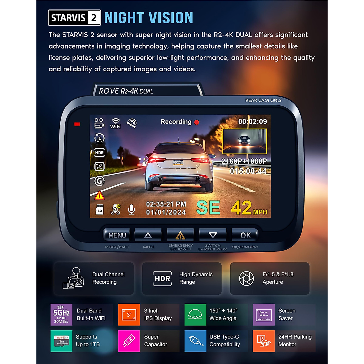 ROVE R2-4K DUAL Dash Cam Front and Rear, STARVIS 2 Sensor, FREE 128GB Card Included, 5G WiFi - up to 20MB/s Fastest Download Speed with App, 4K 2160P/FHD Dash Camera for Cars, 3" IPS, 24H Parking Mode