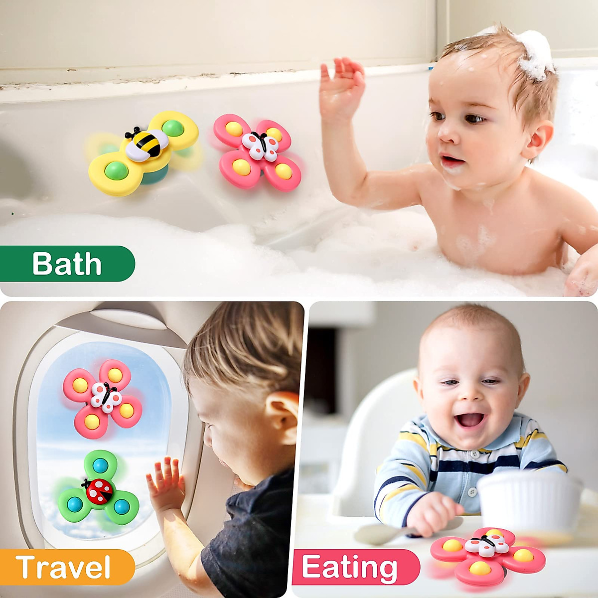 Hooku 3 PCS Baby Bath Spinner Toy with Rotating Suction Cup Spinning Top Toy Animal Spin Sucker Baby Bath Toys Dining Chairs Toys Windmill